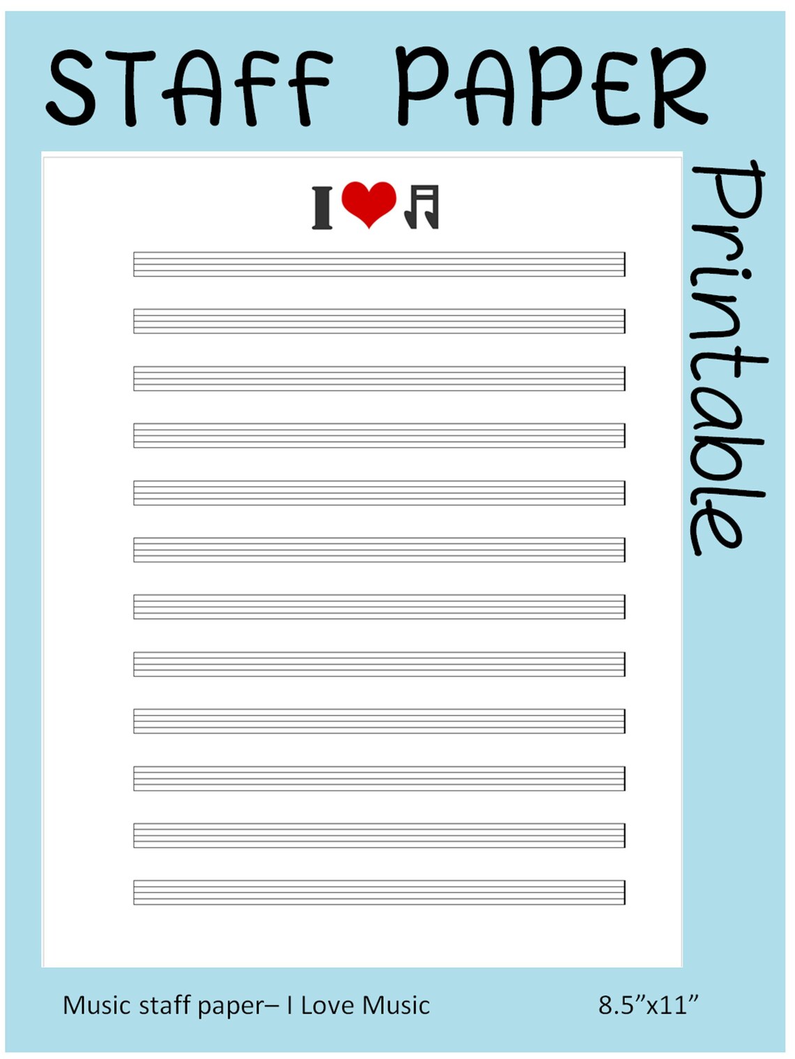 I Love Music Printable Sheet Music Paper | Instant Download | Blank ...