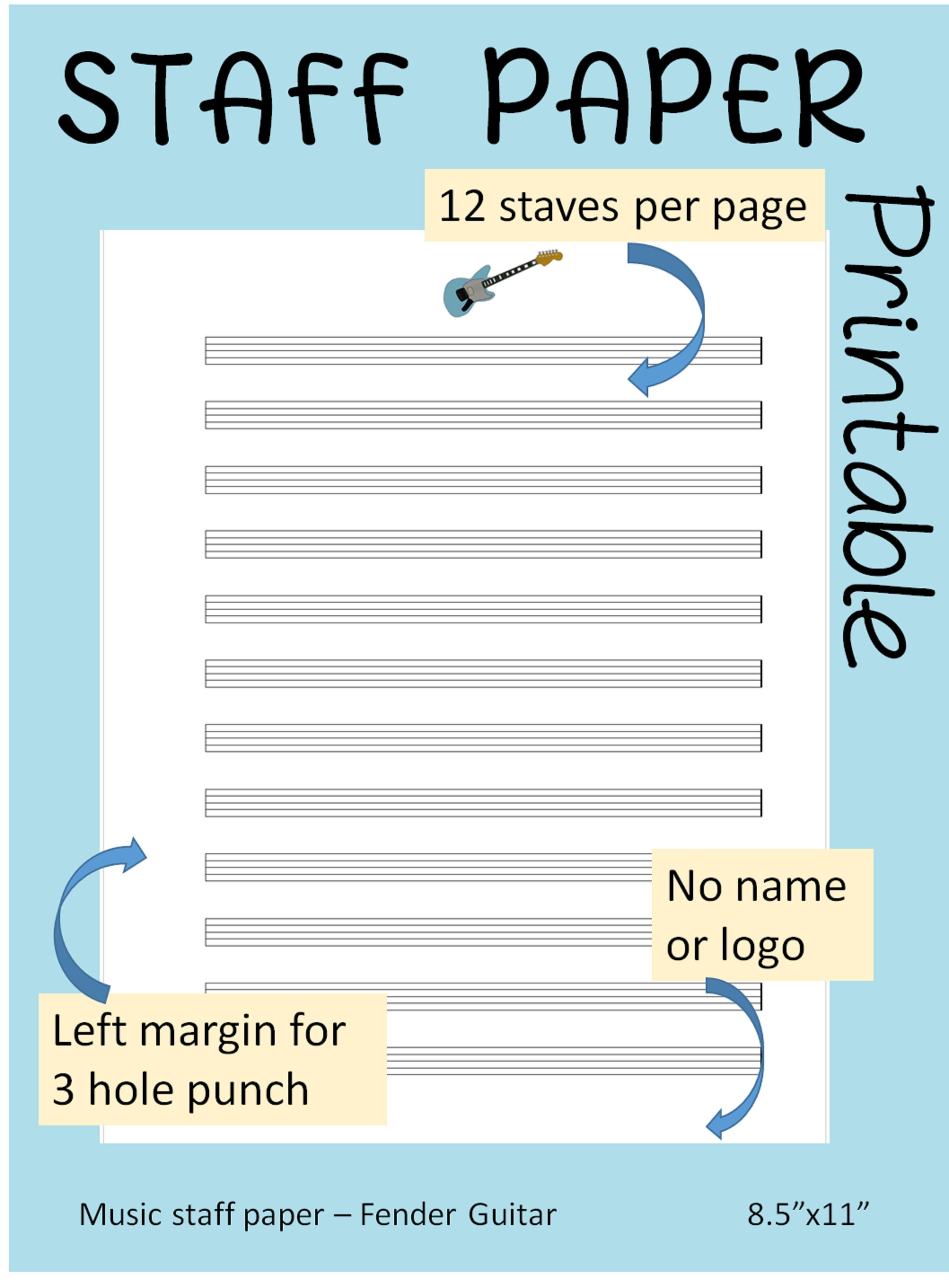 FENDER GUITAR Printable Sheet Music Paper | Instant Download | Blank ...