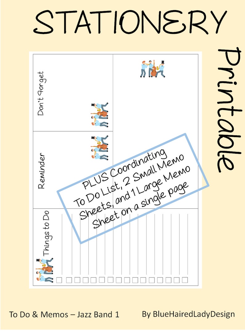 JAZZ BAND (#1) Printable Stationery Set + to Do List & Memo Sheets (6 ...