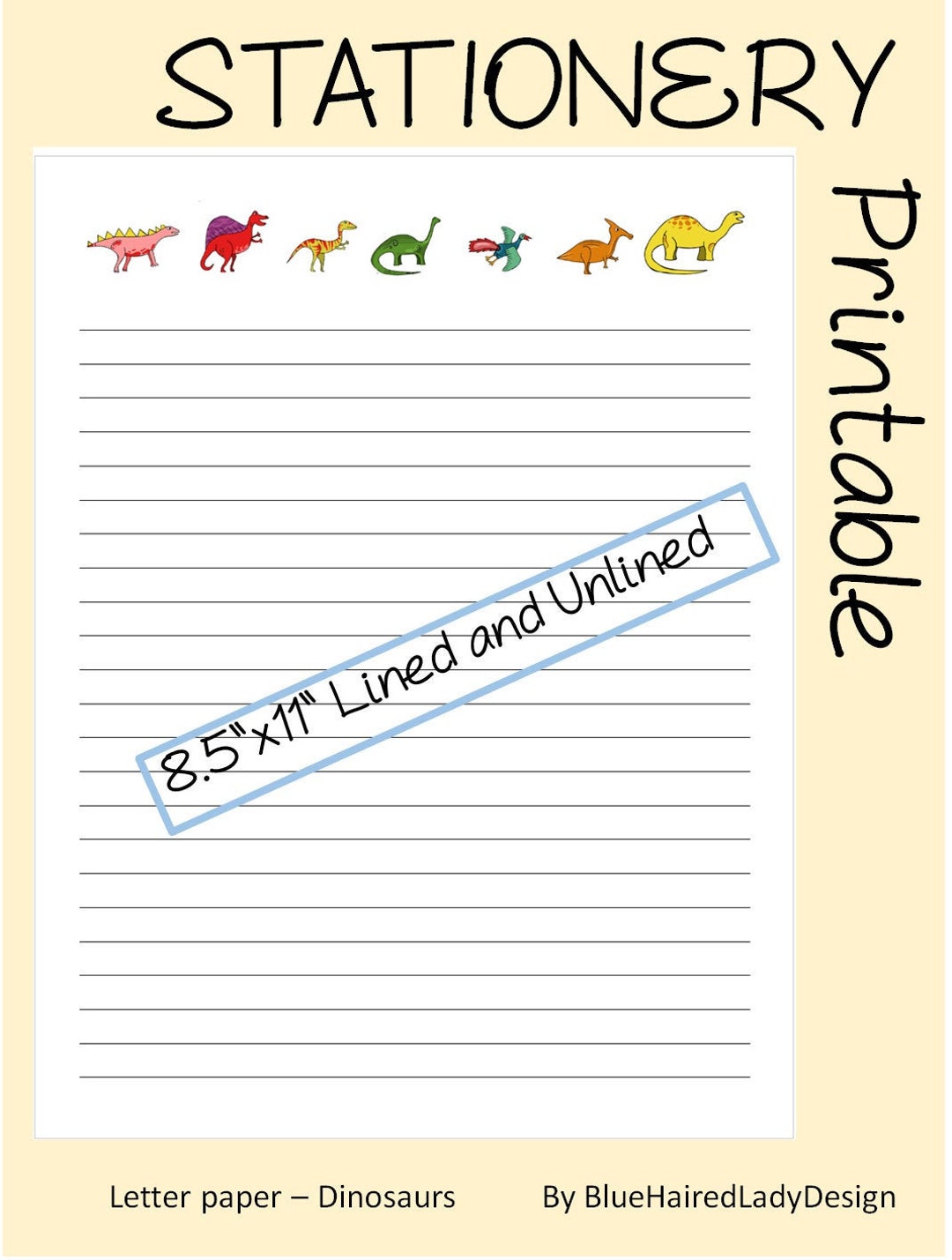 Dinosaurs Printable Stationery Paper | 8.5"x11" | Lined Unlined ...