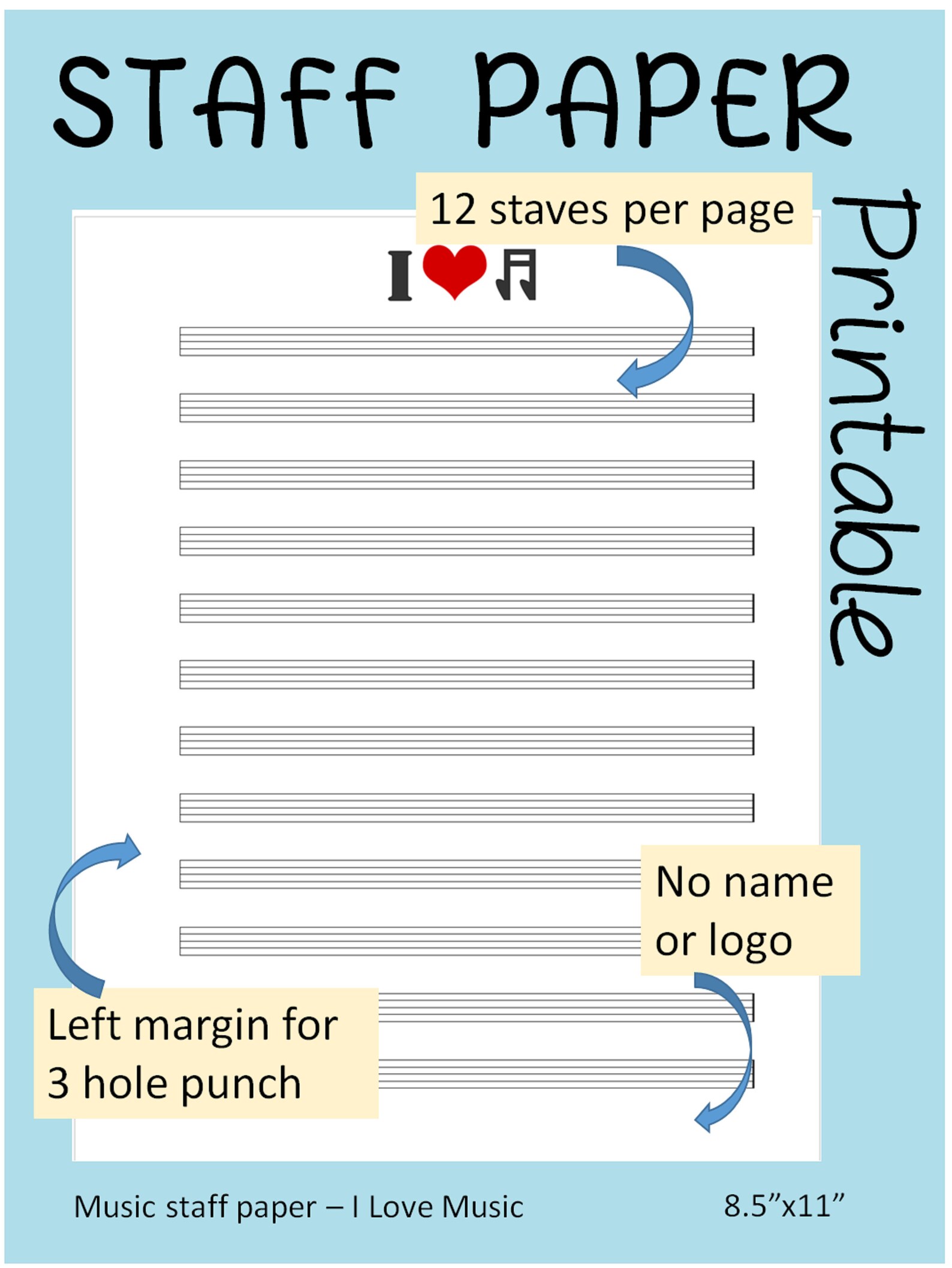 I Love Music Printable Sheet Music Paper | Instant Download | Blank ...