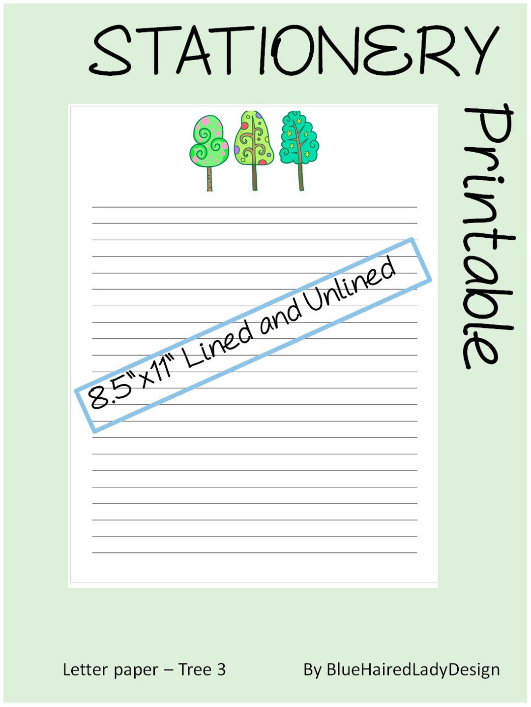 Three Trees Printable Stationery Paper | 8.5"x11" | Lined Unlined ...