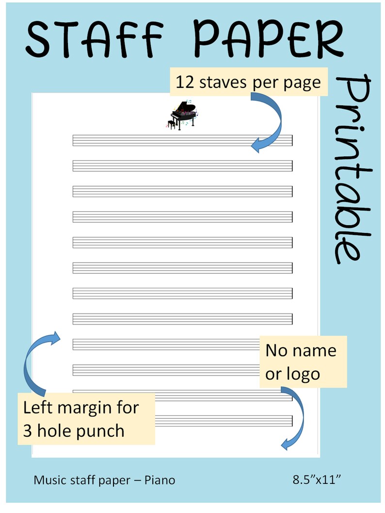 PIANO Printable Sheet Music Paper | Instant Download | Blank Staff ...