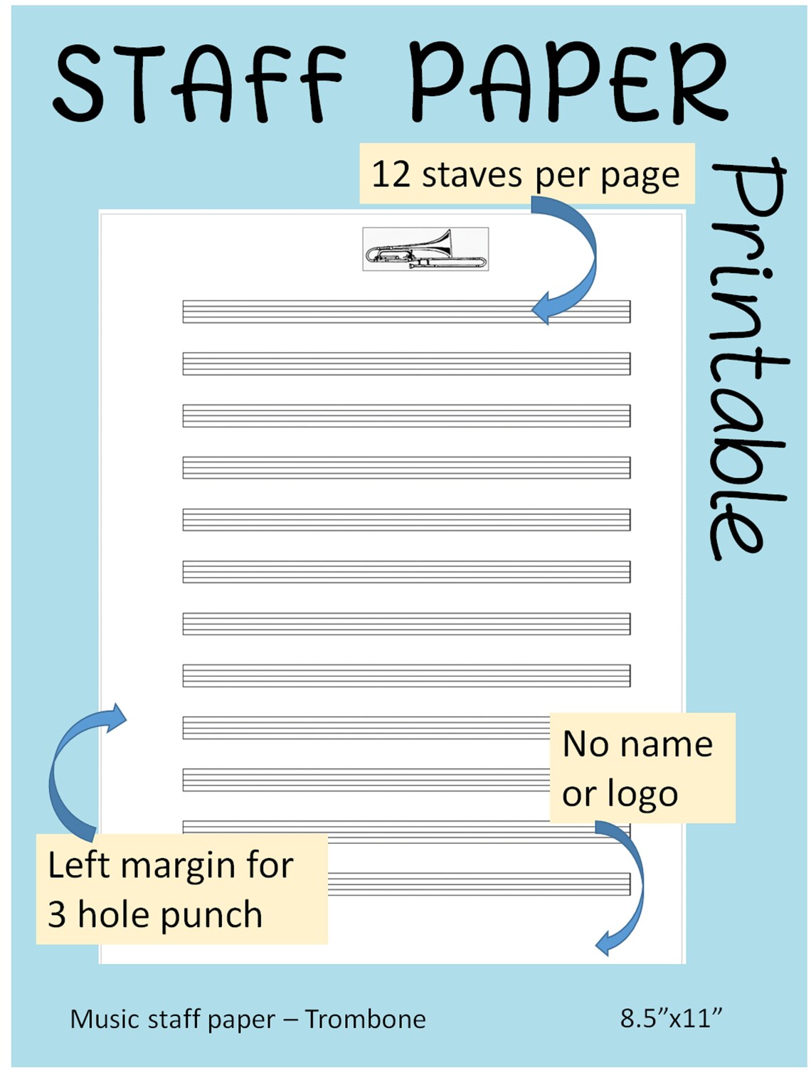 TROMBONE Printable Sheet Music Paper | Instant Download | Blank Staff ...