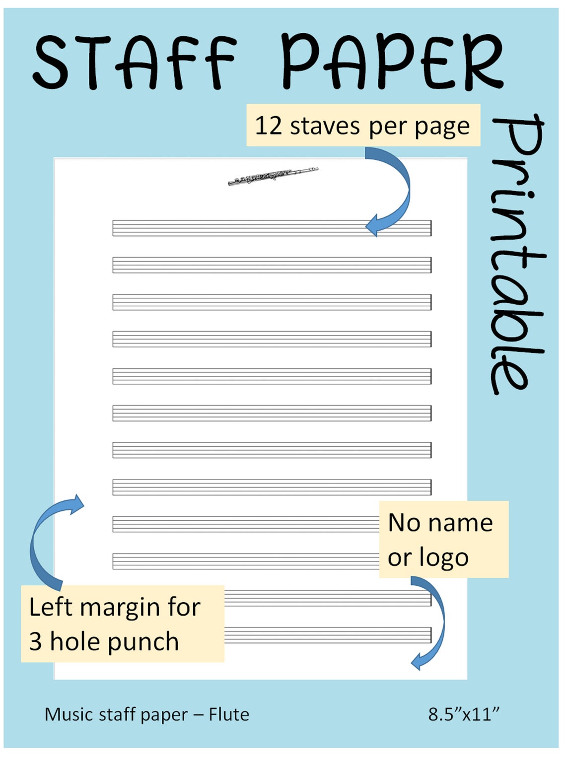 FLUTE Printable Sheet Music Paper | Instant Download | Blank Staff ...