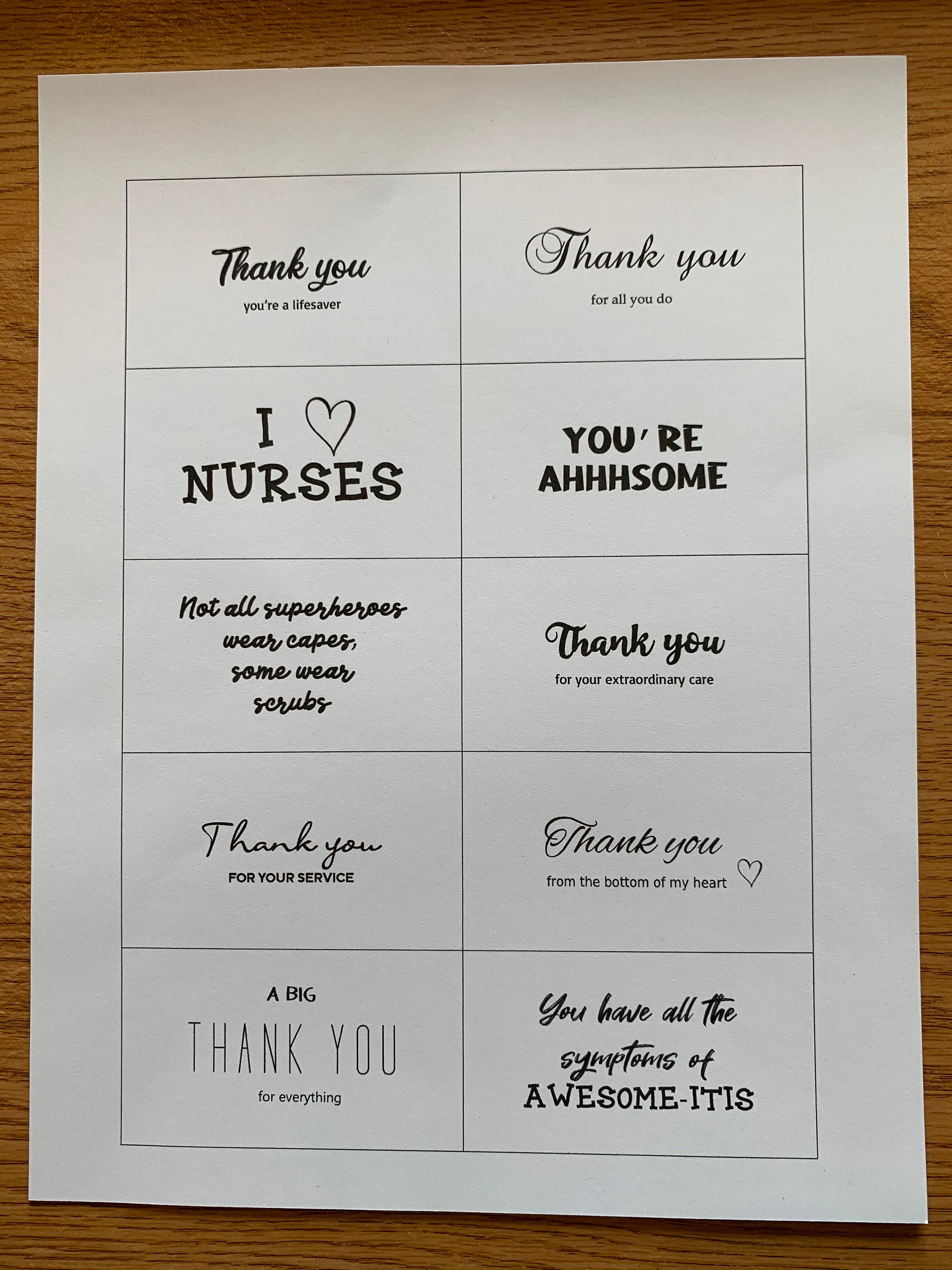 Printable NURSE Thank You Cards, Set of 10, Mini Cards, Instant ...