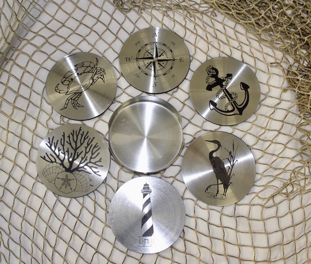 6 Piece Nautical Stainless Steel Coaster Set With Holder - Etsy