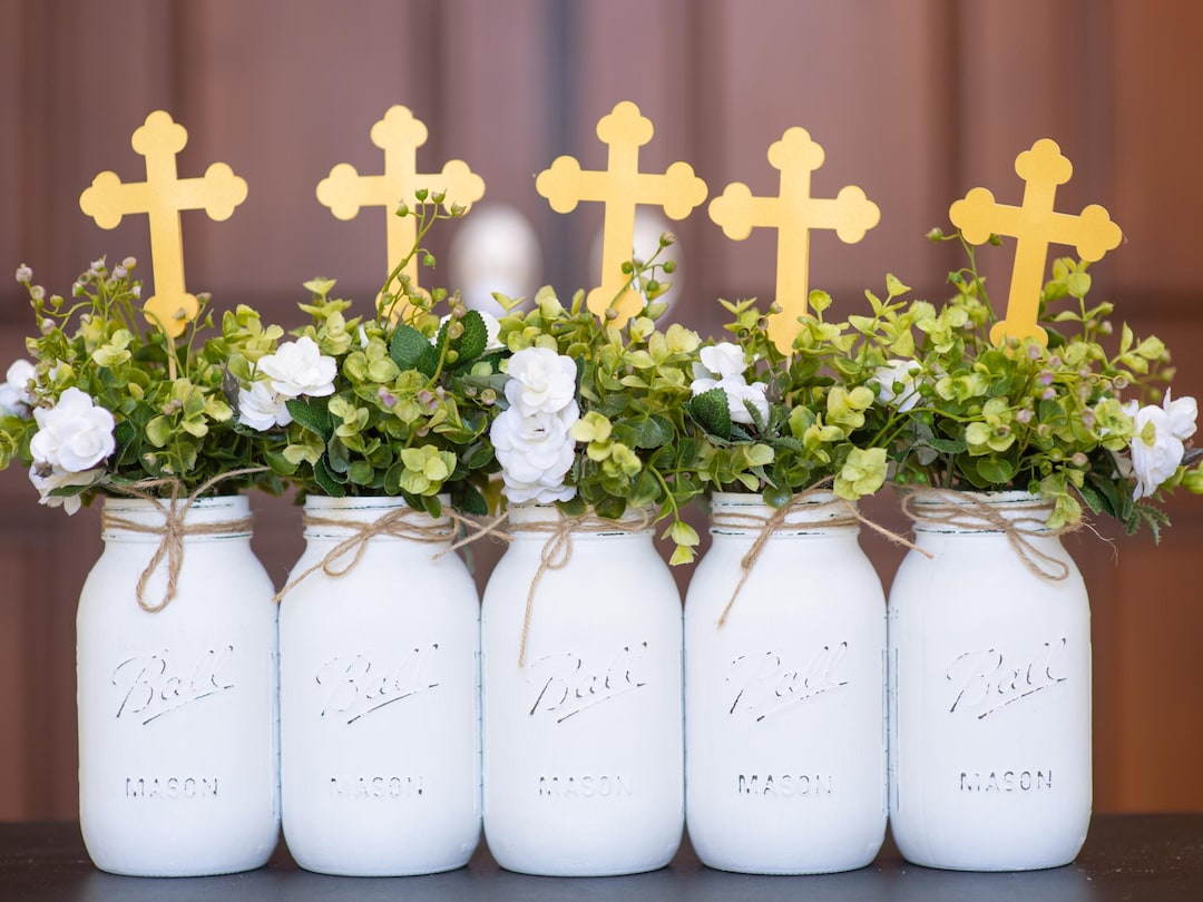 First Communion Centerpieces – Set of 5 Mason Jar Centerpieces With ...