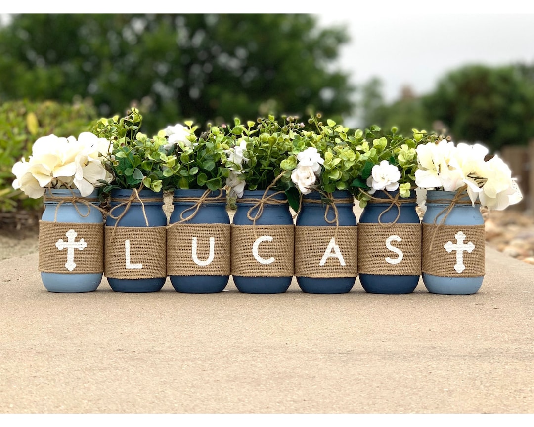 Baptism Mason Jars, Boy Baptism Decorations Flowers, Christening ...