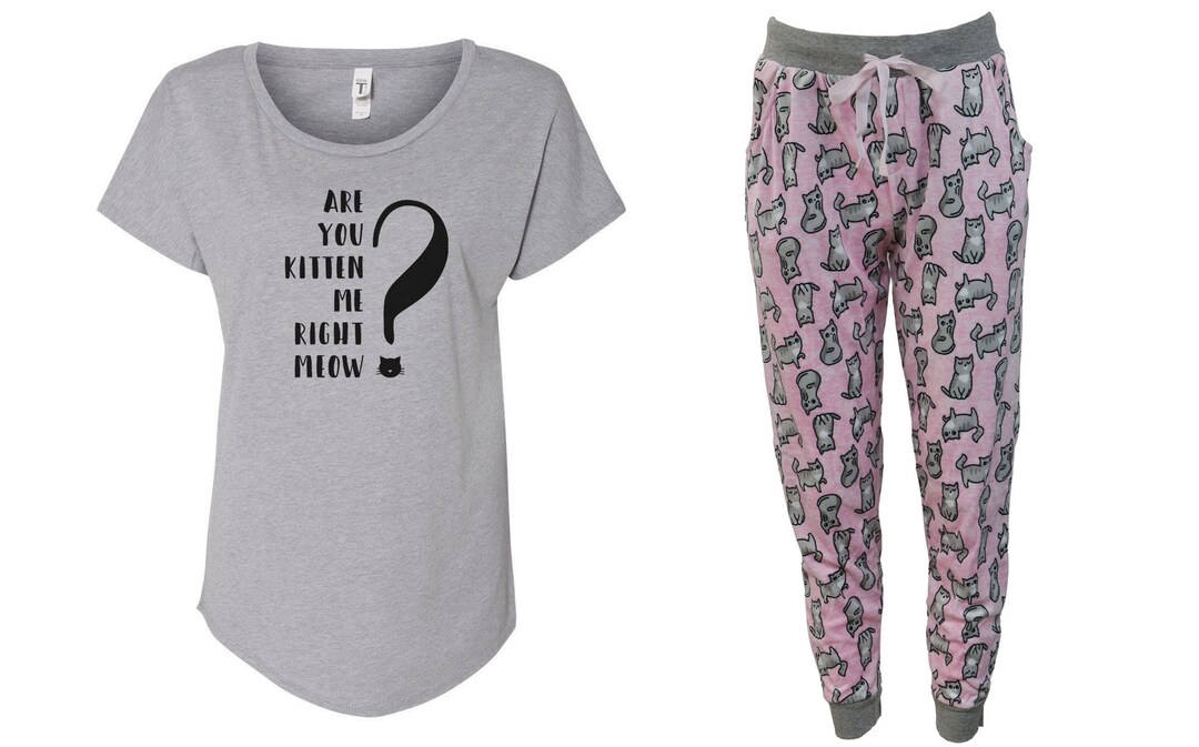 Kitten Me Right Meow Pink Pajama Set - Cat Pajama With Pockets, Fleece ...