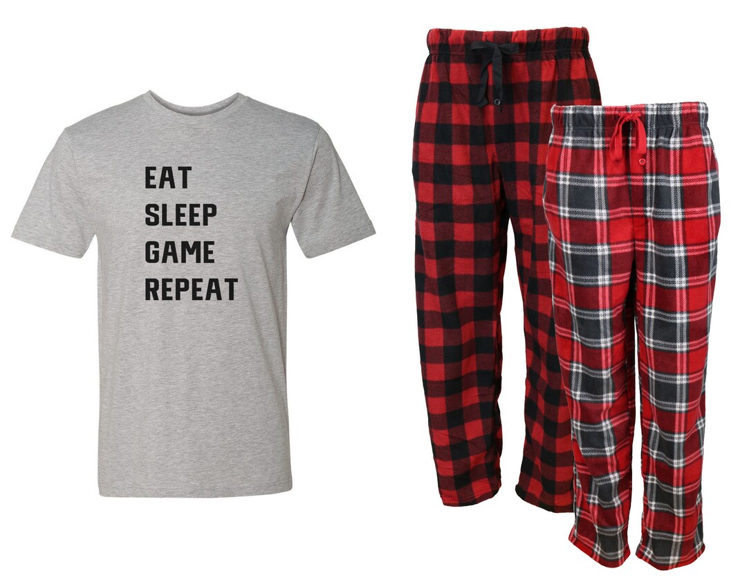 Eat Sleep Game Repeat Red Plaid Pajama Set - Fleece PJ, Gift for Him ...