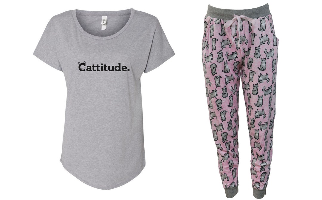 Cattitude Pink Pajama Set Cat Pajama With Pockets, Fleece Pajama, Cat ...