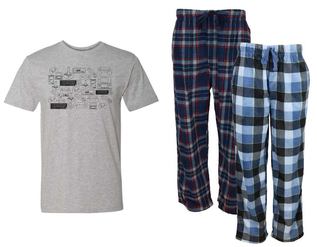 Video Game Controller Navy Plaid Pajama Set - Fleece PJ, Gift for Him ...
