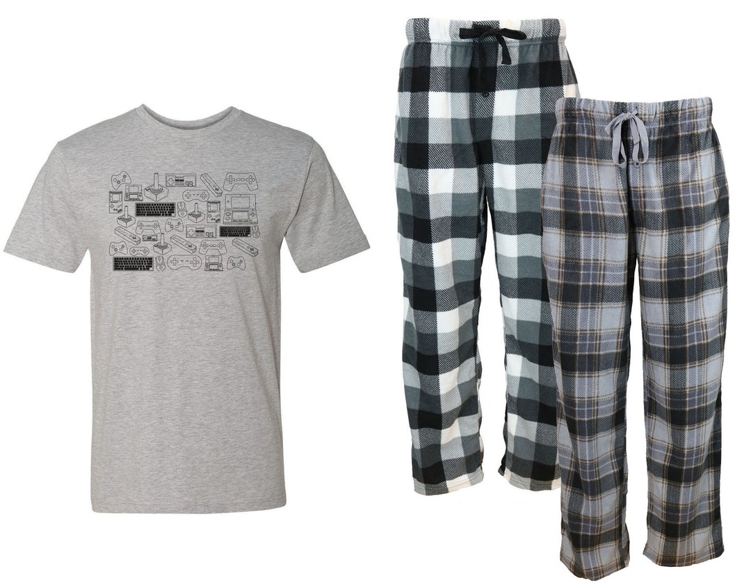 Video Game Controller Repeat Grey Plaid Pajama Set - Fleece PJ, Gift ...