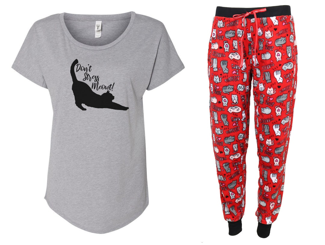 Don't Stress Meowt Red Pajama Set - Cat Pajama, Fleece Pajama, Cat ...