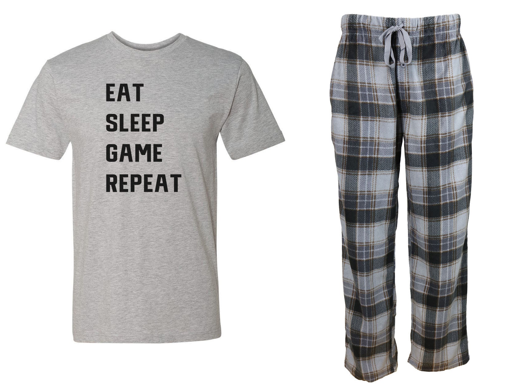 Eat Sleep Game Repeat Grey Plaid Pajama Set - Fleece Pjs, Gift for Him ...