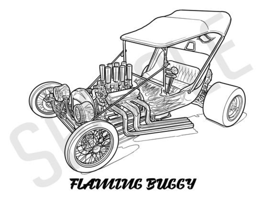FLAMING BUGGY Rat Rod Adult Coloring Page, Printable Coloring Pages ...