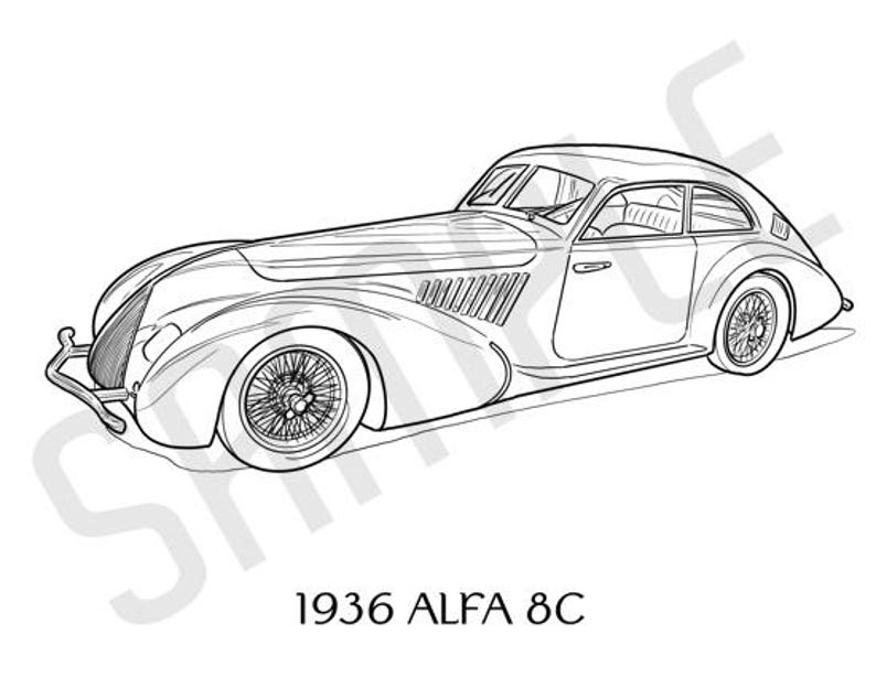 1936 ALFA 8C Swoopy Car Adult Coloring Page, Printable Coloring Pages ...