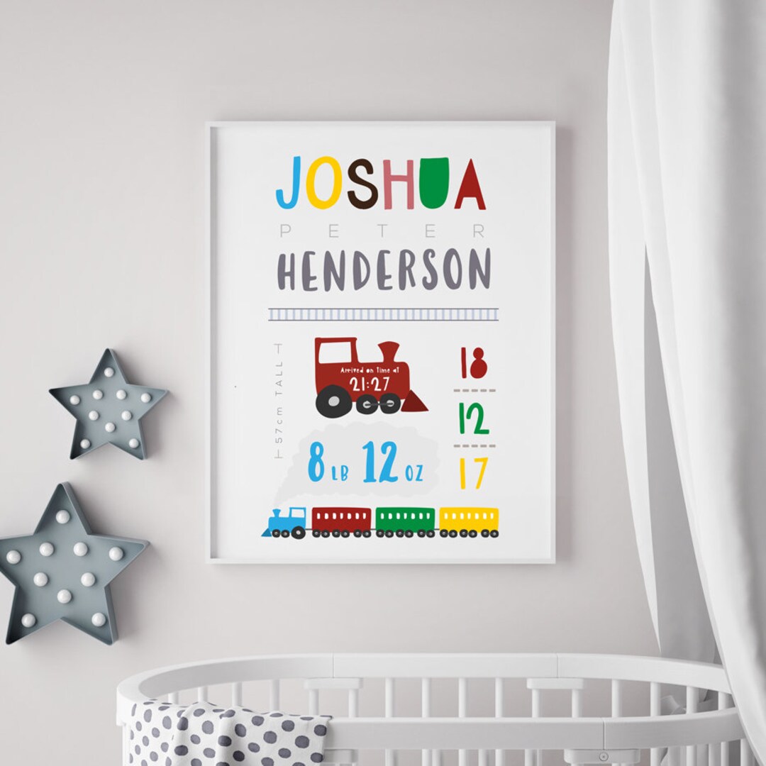Baby Birth Print, Personalised, Train, Boy, Frame, Poster, Nursery ...