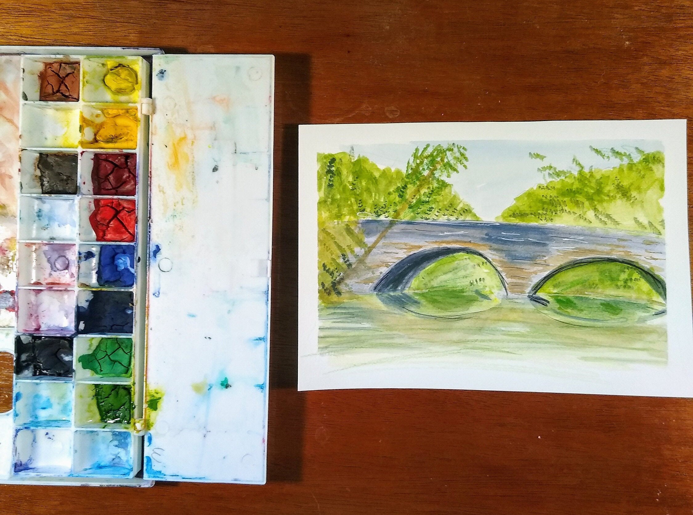 Stone Bridge Painting, Original Watercolor Art, Bridge Over a Creek Art ...