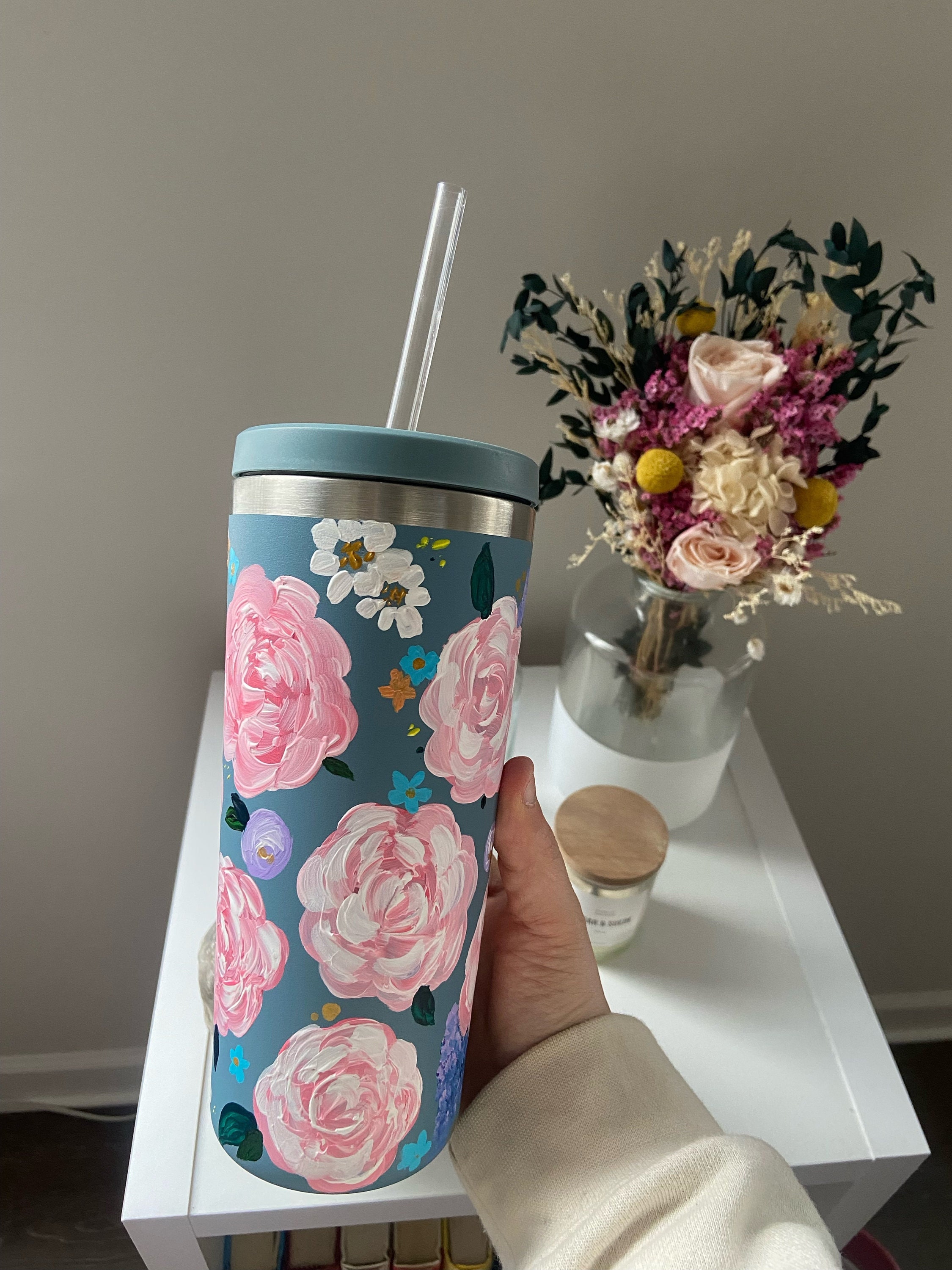 Hand Painted Floral Tumbler - Etsy