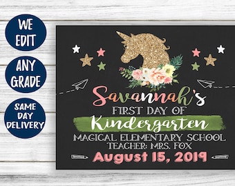 Unicorn First Day of Kindergarten Sign Girl 1st Day of Kindergarten ...