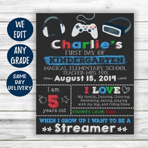 Boy First Day of School Sign Printable Gaming Back to School Sign ...
