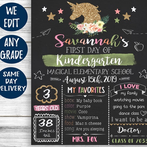 Unicorn Back to School Sign Printable First Day of School | Etsy