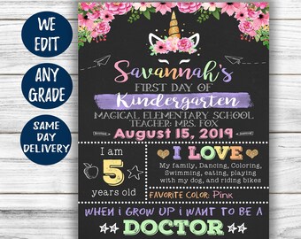 Editable First Day of Kindergarten Sign Unicorn First Day of - Etsy