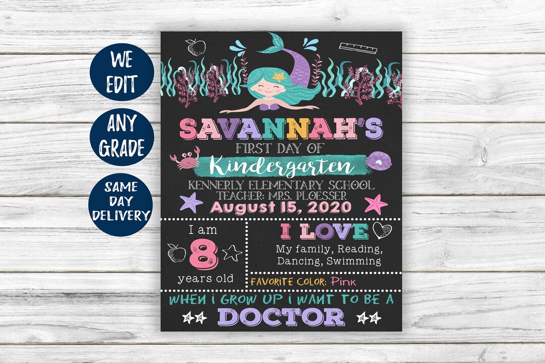 Girls Back to School Sign Printable - Mermaid First Day of School Sign ...
