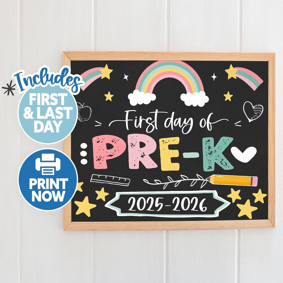 First Day of Prek Chalkboard Printable, Boho Rainbow Back to School ...