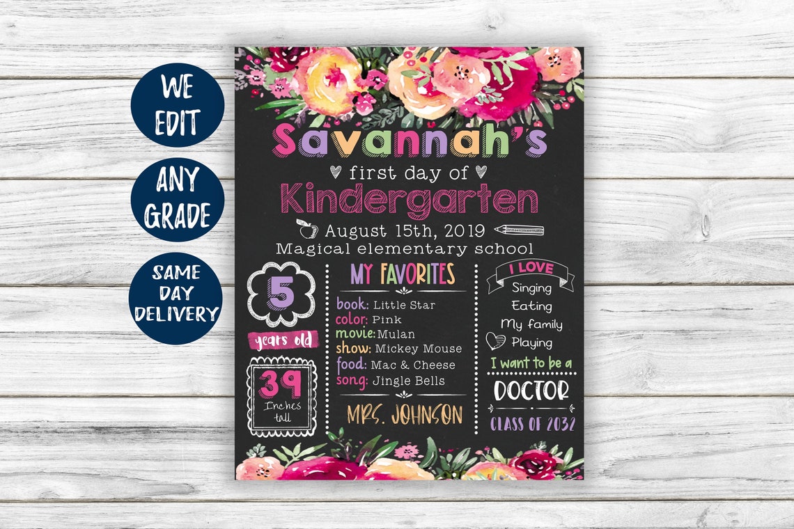 Girl First Day of School Sign Flower Back to School Sign | Etsy