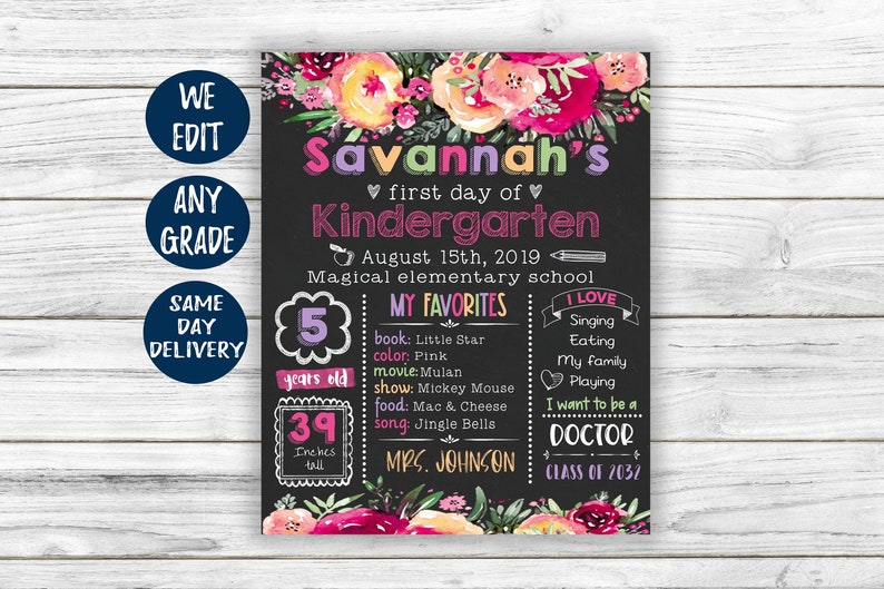 Girl First Day of School Sign Flower Back to School Sign | Etsy