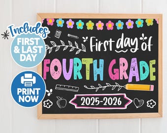 First Day of 4th Grade Sign Fourth Grade Back to School Chalkboard ...