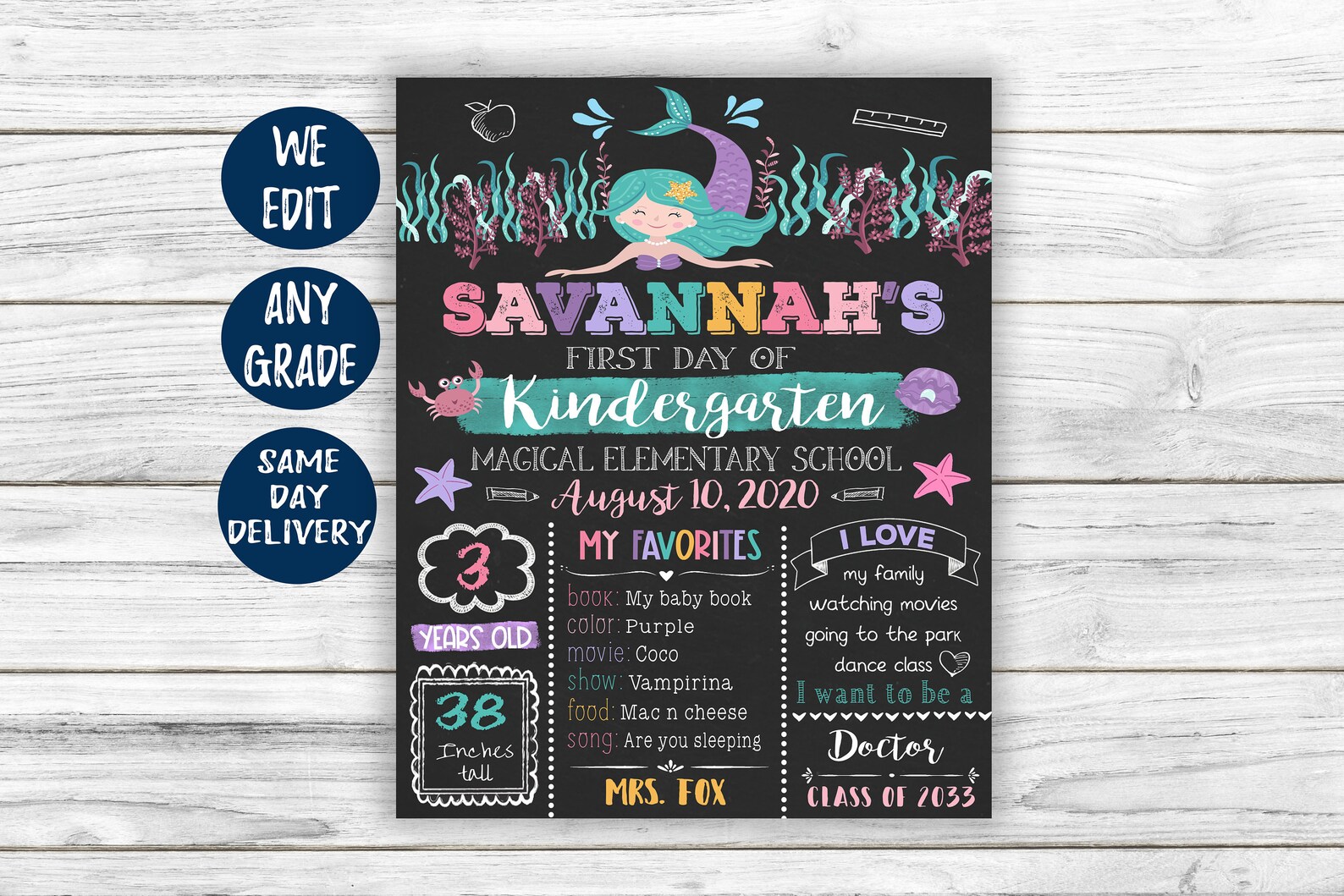 Mermaid Back to School Sign Printable - Girl First Day of School Sign ...