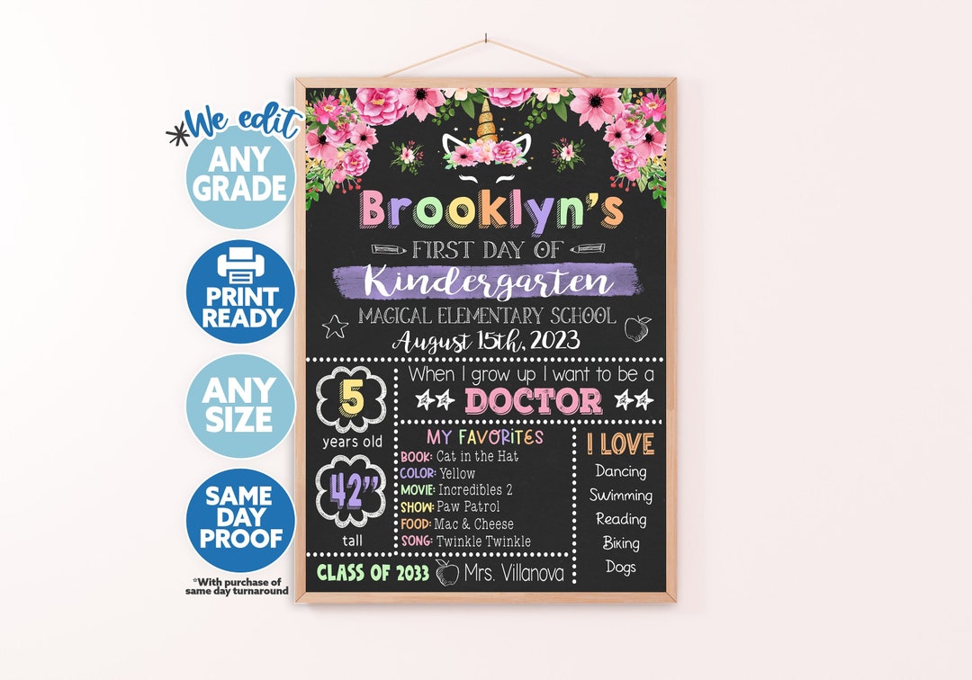 Unicorn First Day of School Sign - Girl Back to School Sign Printable ...