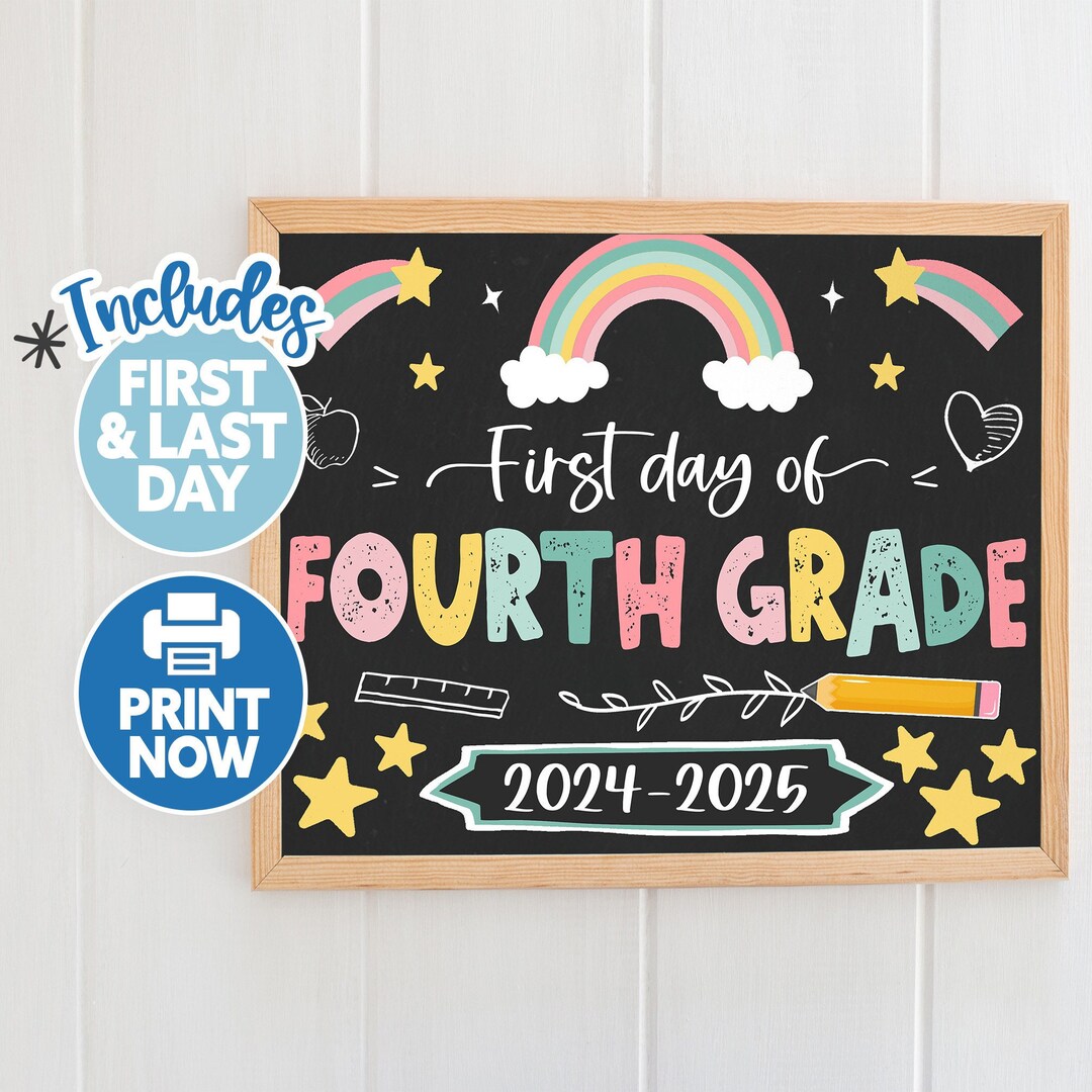 First Day of 4th Grade Sign - Boho Rainbow Back to School Sign ...