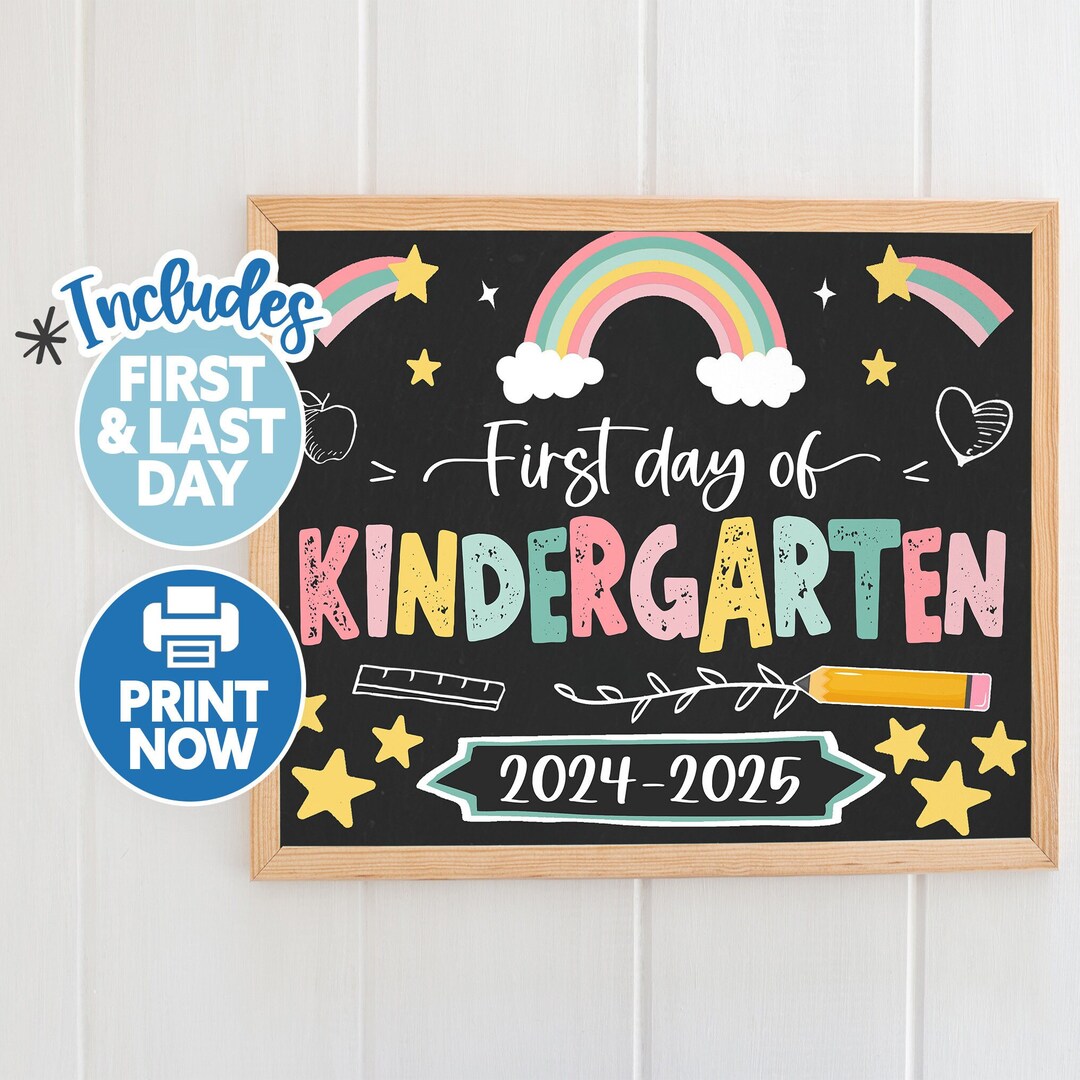 Boho Rainbow Kindergarten Sign, First Day of School Sign Chalkboard ...