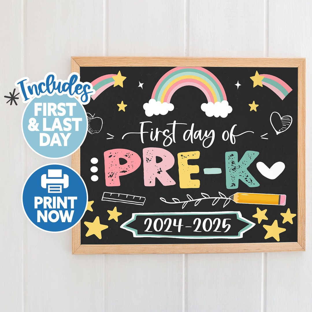 First Day of Prek Chalkboard Printable, Boho Rainbow Back to School ...