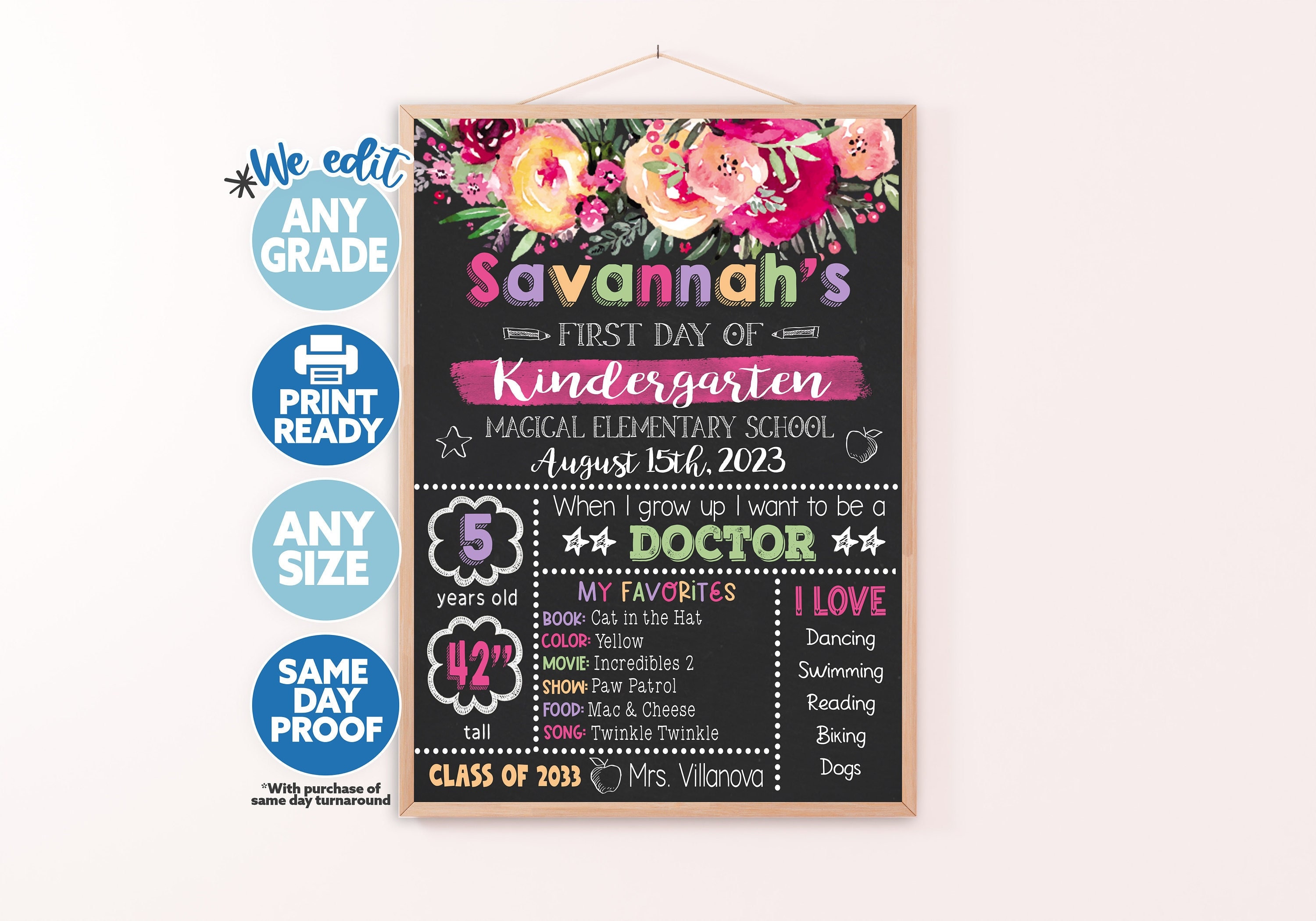 Girl First Day of School Sign, Flower Back to School Sign Chalkboard ...