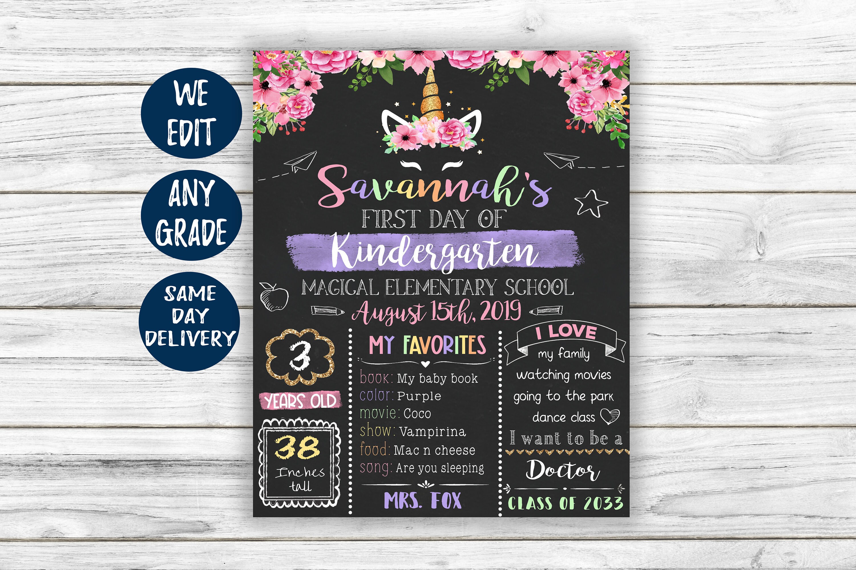 Unicorn First Day of School Sign Girl Back to School Sign | Etsy