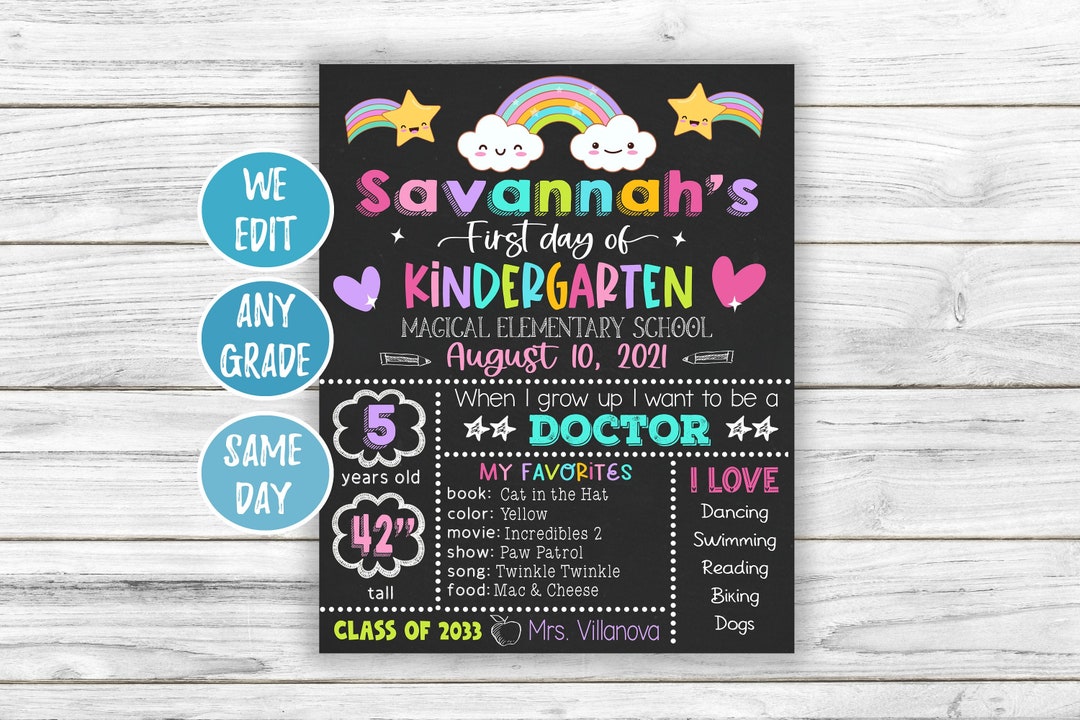 Girl First Day of School Sign, Rainbow First Day of School Chalkboard ...