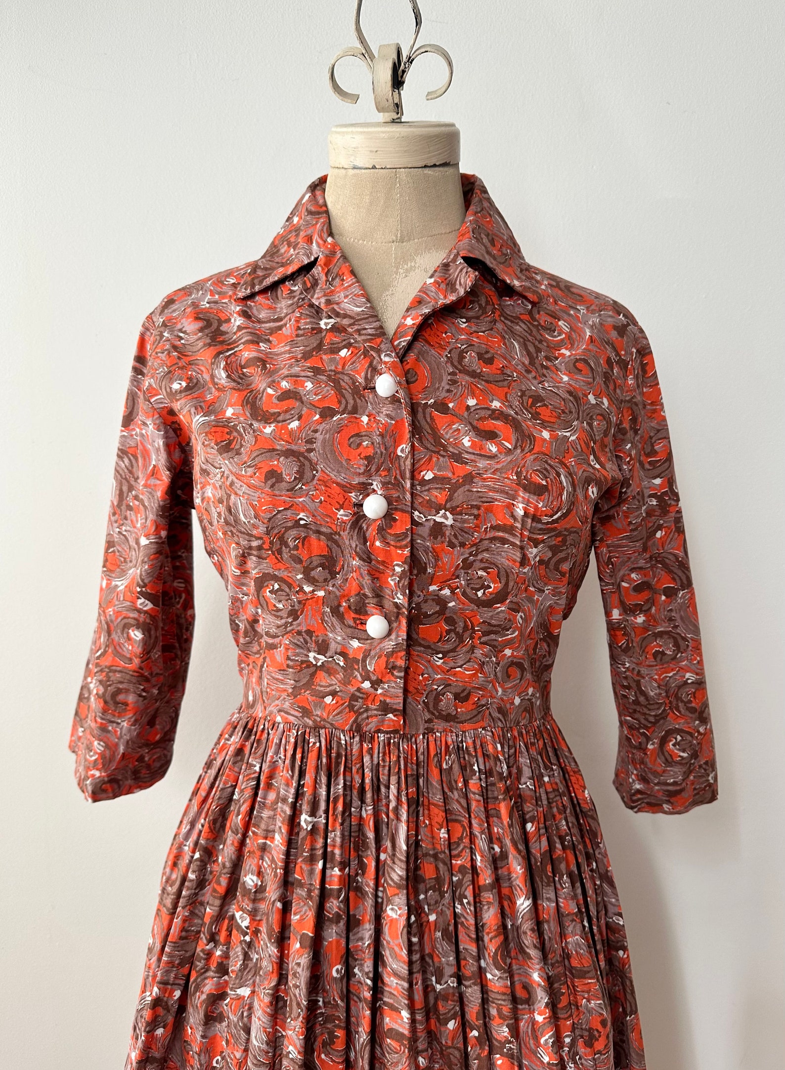 Vintage 1940s | 50s Cotton Swirl Print Shirtwaist Dress - Etsy