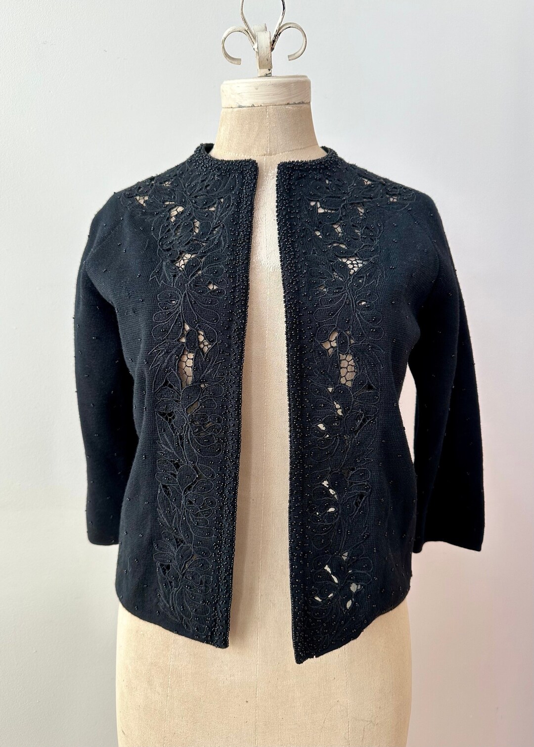 Vintage 1950s | 60s Black Wool Embroidered Cut Out Cardigan - Etsy
