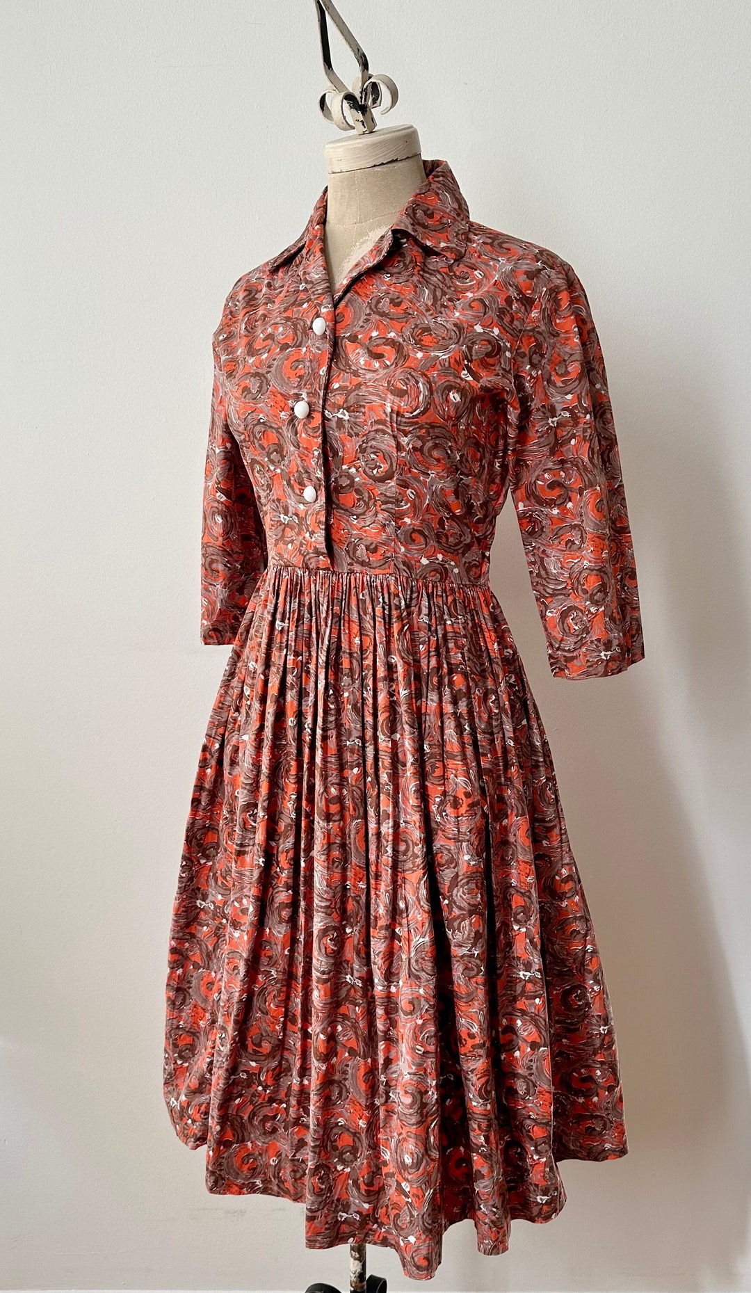 Vintage 1940s | 50s Cotton Swirl Print Shirtwaist Dress - Etsy