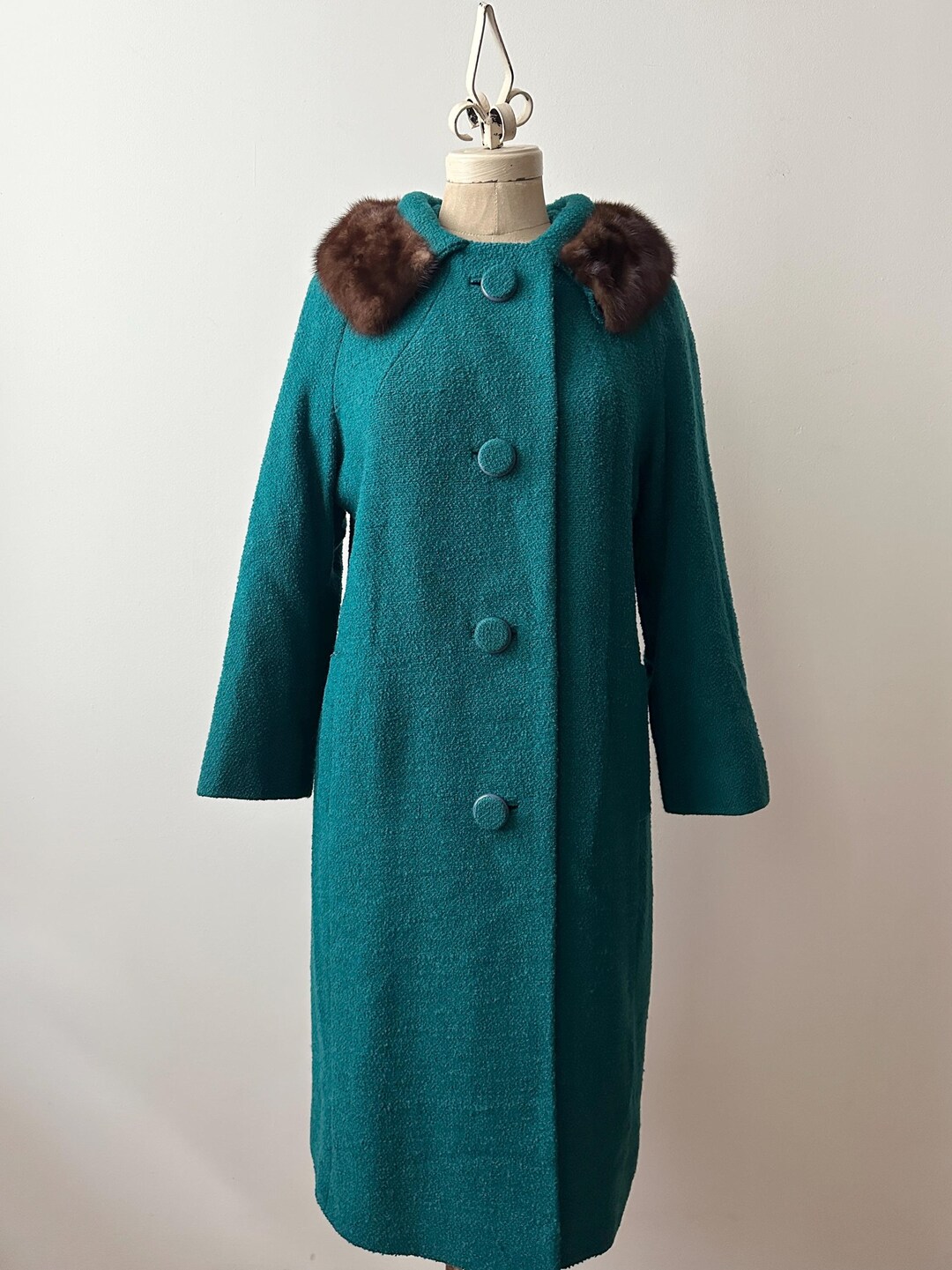 Vintage 1950s | 60s Turquoise Wool Coat With Fur Collar - Etsy