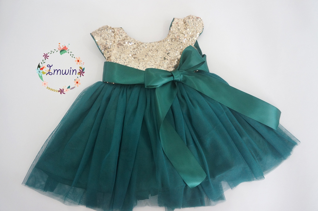Girl Christmas Dress Girls Green Dress Flower Girl Dress Gold Sequin ...