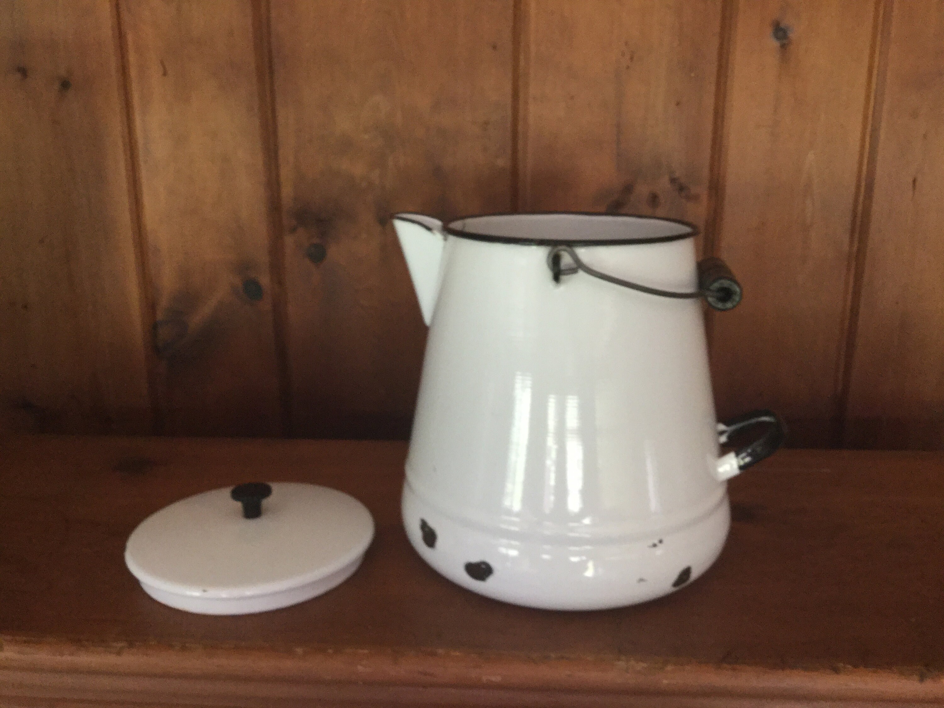 Large Vintage Enamel Coffee Pot, Wooden Bead and Wire Handle,farmhouse ...