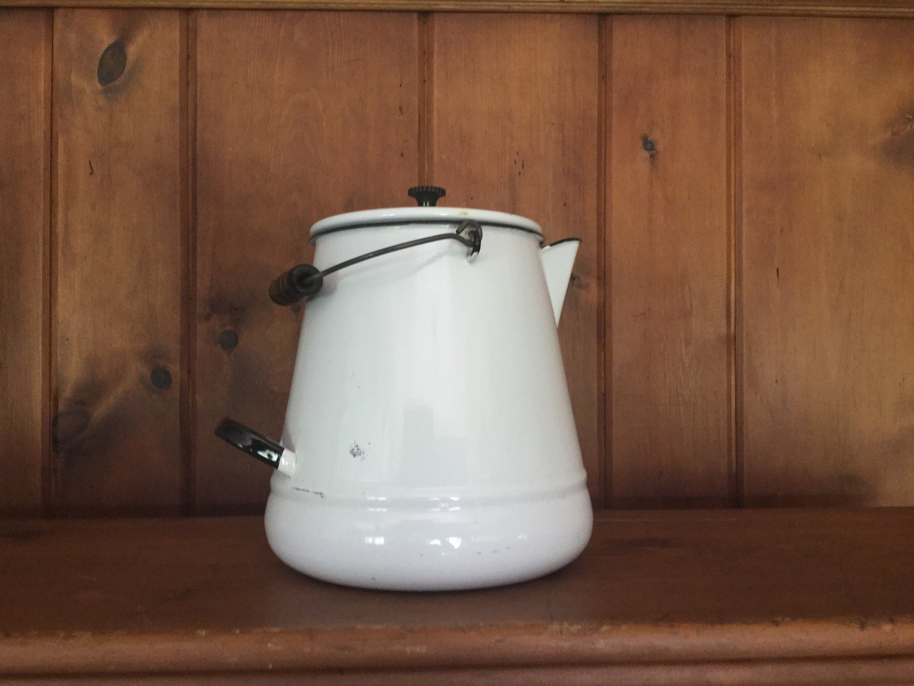 Large Vintage Enamel Coffee Pot, Wooden Bead and Wire Handle,farmhouse ...