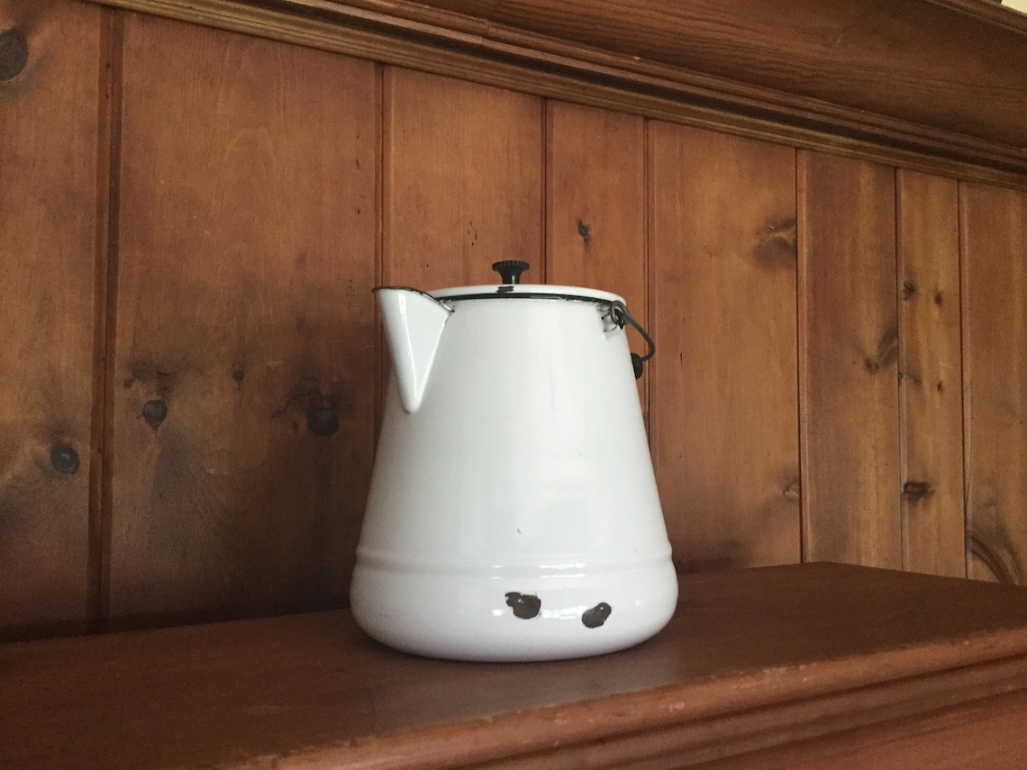 Large Vintage Enamel Coffee Pot, Wooden Bead and Wire Handle,farmhouse ...